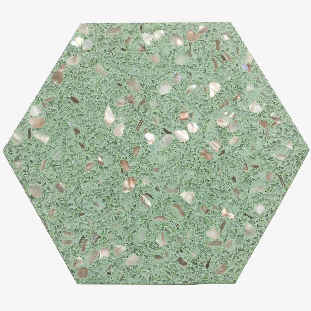 Mint Green with Copper flecks 9x8 Glossy Shell, Terrazzo Hexagon Tile ...