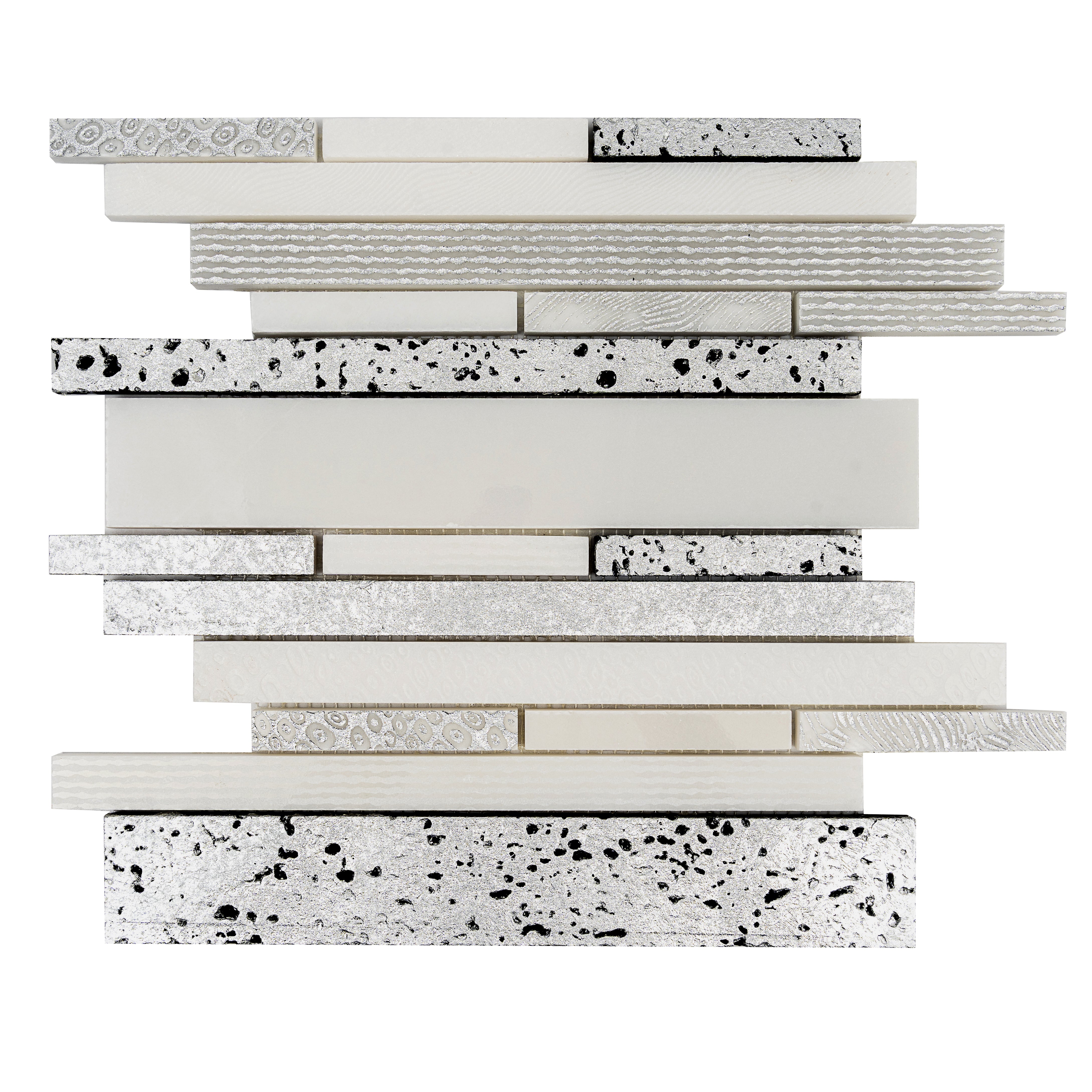 White Silver 12x12 Polished, Textured, Foiled Stone Sticks, Linear Mos ...