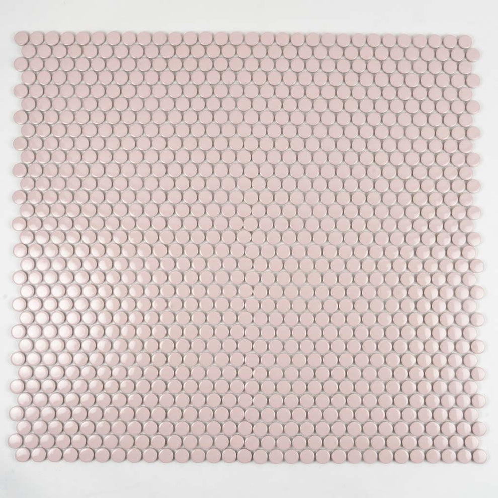 Nude Pink 12x12 Glossy Mosaic Tile – Penny Round Porcelain for Modern Retro Spaces – Tiletopia