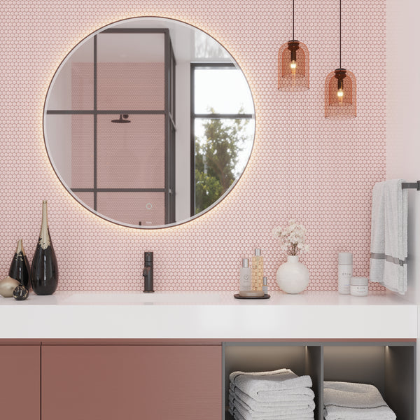 Nude Pink 12x12 Glossy Mosaic Tile – Penny Round Porcelain for Modern Retro Spaces – Tiletopia